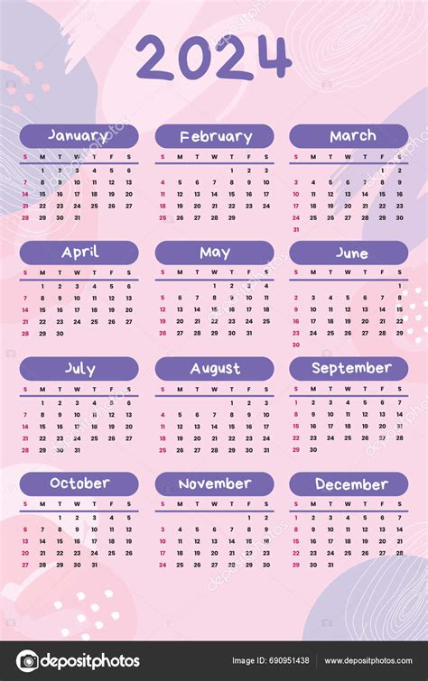 2024 Desain Kalender Tahun Baru Latar Belakang Ungu Inggris Vektor Stok