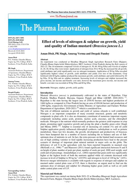 Pdf Effect Of Levels Of Nitrogen And Sulphur On Growth Yield And
