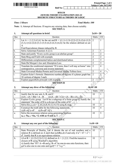 Discrete Structures Theory Of Logic Kcs 303 1 Qp22p2 31 Mar 2022