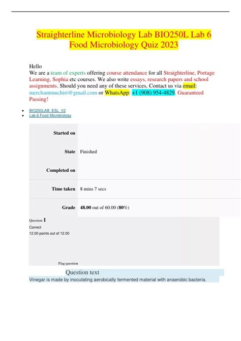 Straighterline Microbiology Lab BIO L Lab Food Microbiology Quiz BIO L Stuvia US