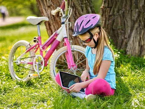 Bikes Cycling Girl Wearing Helmet In Cycling Sitting Near Bicycle And