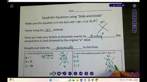 Factoring Quadratic Equation Using Slide And Divide Method Youtube