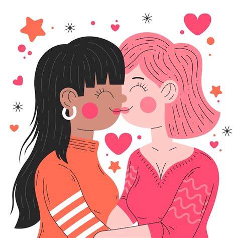 Free Vector Flat Design Lesbian Couple Kiss Illustration