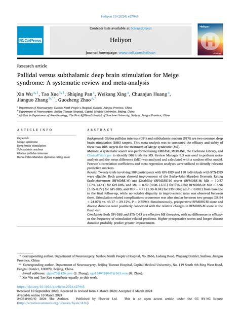 Pdf Pallidal Versus Subthalamic Deep Brain Stimulation For Meige Syndrome A Systematic Review