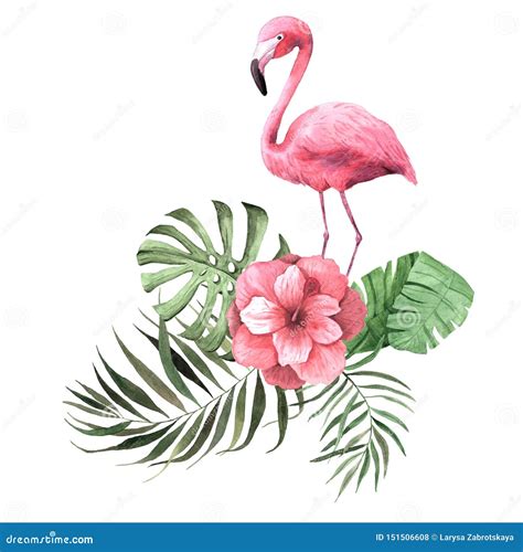 Watercolor Tropical Flowers Leaves And Plants And Flamingo Stock