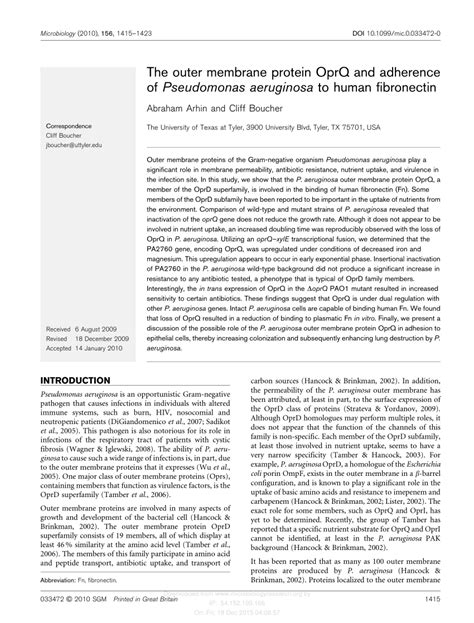 Pdf The Outer Membrane Protein Oprq And Adherence Of Pseudomonas