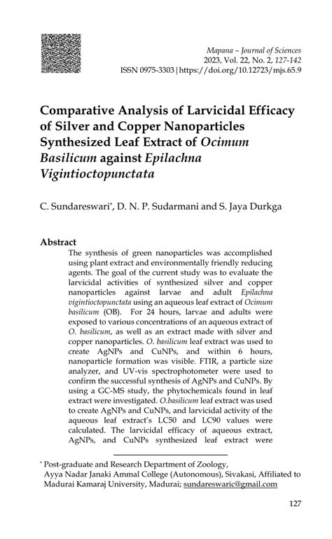 Pdf Comparative Analysis Of Larvicidal Efficacy Of Silver And Copper