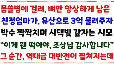 반전신청사연 병에걸려 엄마가 고향으로 가면서 유산으로 억을 주자 그돈으로 시댁빚 갚아달라는 시댁 조상님 정말 감사합니다 바로 그때 신청사연 사이다썰 사연