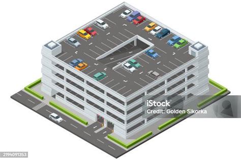 다양한 색상의 자동차로 가득 찬 아이소 메트릭 다층 주차장 섬세한 건물에는 경사로 주차장 및 주변 녹지가 있습니다 주차장에 대한 스톡 벡터 아트 및 기타 이미지 Istock