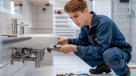 Premium Photo Young Plumber Fixing A Sink In The Bathroom
