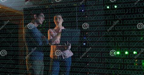 Binary Code Over People Discussing In Data Center Stock Image Image