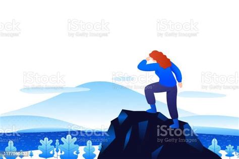 산이나 절벽 꼭대기에 서서 똑바로 바라보는 여성 지도자 또는 여행자 또는 탐험가 여자 리더십 개념 방문 페이지 그림입니다 발견