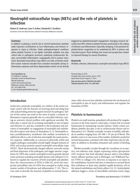 PDF Neutrophil Extracellular Traps NETs And The Role Of Platelets