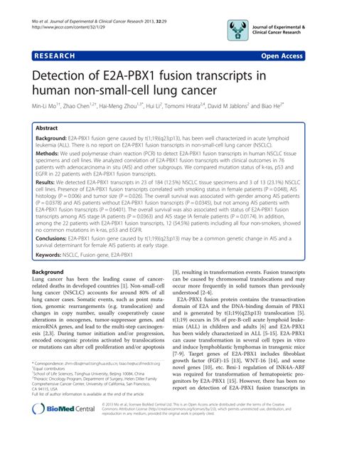 Pdf Detection Of E2a Pbx1 Fusion Transcripts In Human Non Small Cell