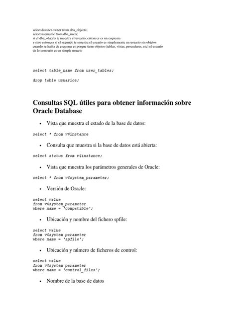 Consultas Sql Útiles Sobre Oracle Database Pdf Sql Diseño De Software