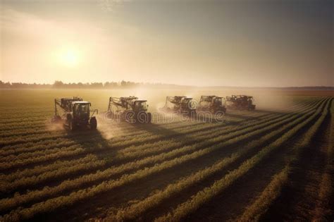 Group Of Agricultural Robots Working In A Sun Drenched Field