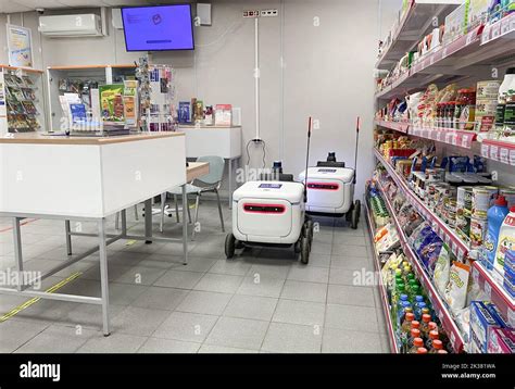 Moscow Russia 2022 Two Delivery Robots For Parcels And Goods Are