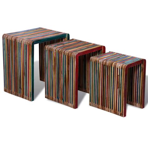 Set De 3 Mesitas Apilables De Teca Maciza Reciclada Colorida Leroy Merlin