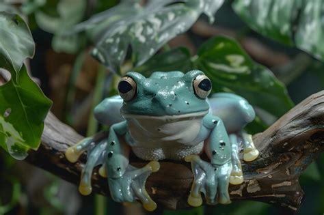 White Tree Frog On Wood Dumpy Frog On Branch Tree Frog On Leaves Premium Ai Generated Image