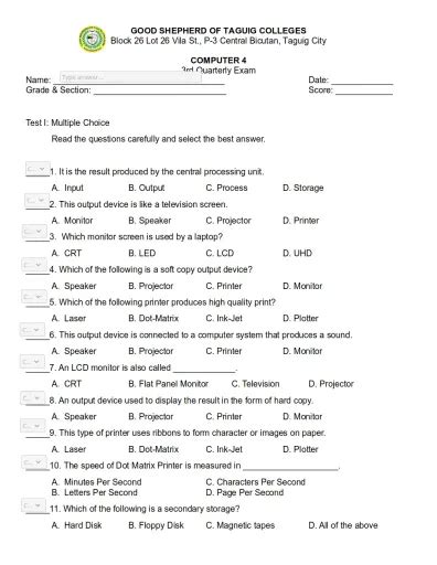 3rd Quarter Exam Computer 4 Interactive Worksheet Edform