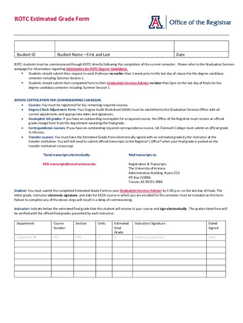 Fillable Online Registrar Arizona Rotc Estimated Grade Form Fax Email Print Pdffiller