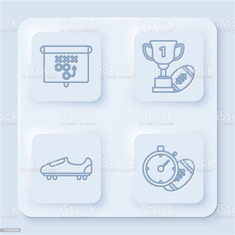 세트 라인 계획 전략 개념 어워드 컵과 미식 축구 공 스파이크와 미식 축구 공과 스톱 워치축구 또는 축구 신발 흰색 정사각형 버튼 벡터 1위에 대한 스톡 벡터 아트 및 기타