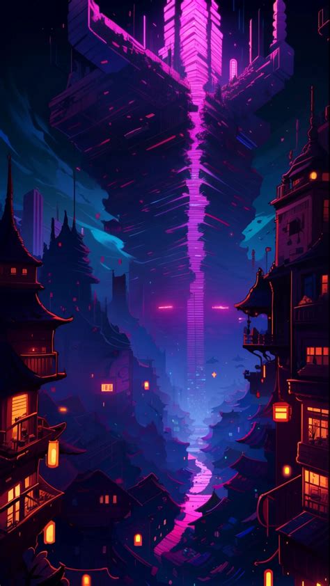 중앙에 탑이 있는 도시의 보라색과 검은색 그림 Seaart Ai