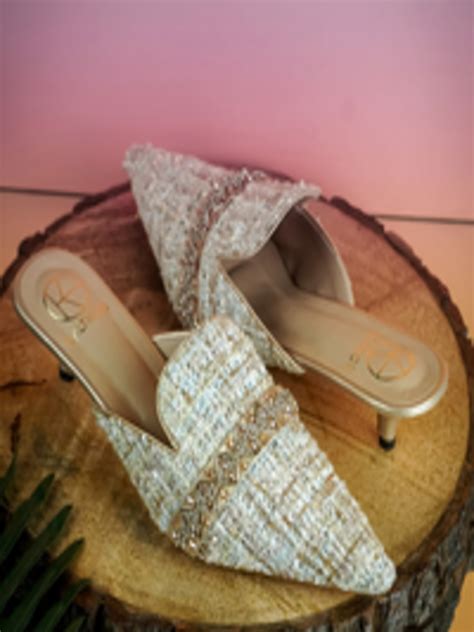 Buy Kaltheos Gold Toned Embellished Party Kitten Mules Heels For