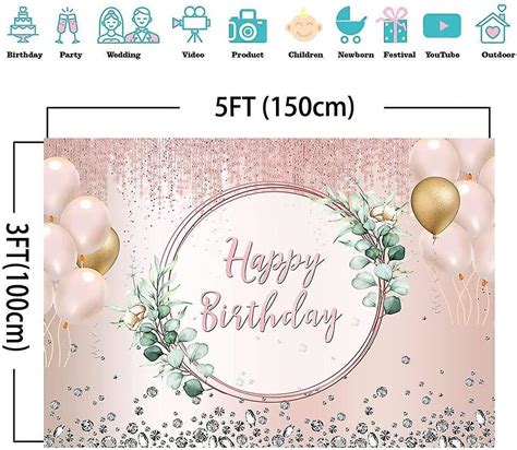 Rose Gold Glitter Birthday Backdrops For Girls Balloon Flowers Happy