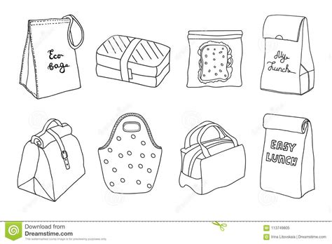 Lunch Boxes Lunch Bags Set La La Lunch Vector Sketch Illustration