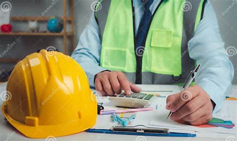 Architect Or Engineer Sitting At Desk In Office Cost Calculation Construction Planning