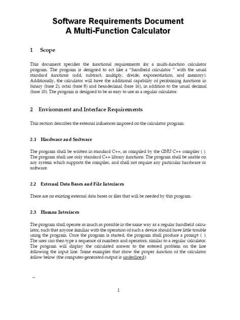 software requirements document a multi function calculator 1 scope