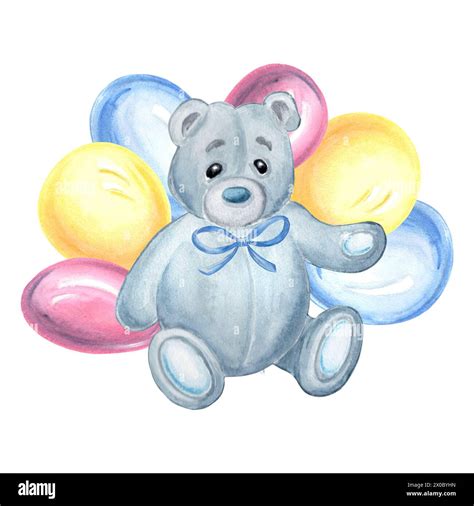 Watercolor Teddy Bear In Blue Bow With Colorful Balloons Composition