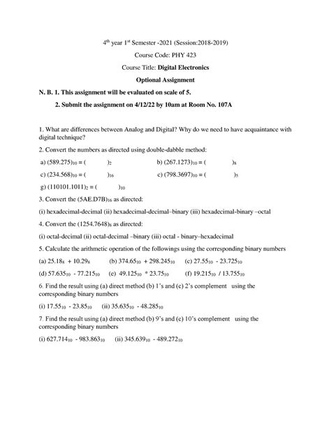 Number System Coversion And Arithmetic Operation 4 Th Year 1st Semester 2021 Session 2018