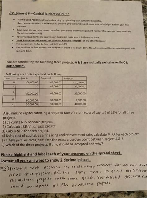 Solved Assignment 6 Capital Budgeting Part 1 Submit Using