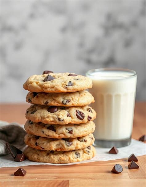 A Stack Of Chocolate Chip Cookies And A Glass Of Milk Premium Ai