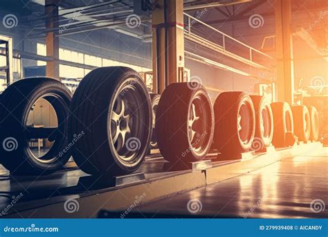 Warm Light Highlighting The Tire Installation Process On A Car Manufacturing Assembly Line Stock