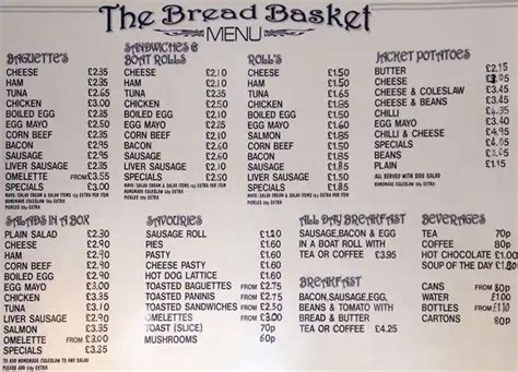 The Bread Basket Menu Menu For The Bread Basket Romford London