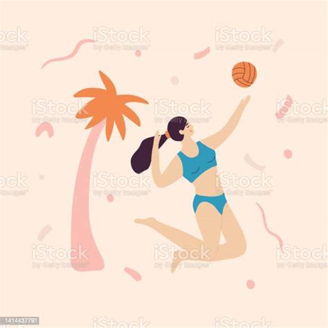 어린 소녀는 비치 발리볼을 치고 배구에서 공을 공격하고 봉사합니다 여름 건강한 라이프 스타일 개념 스포츠 학교 배구 캠프 티셔츠