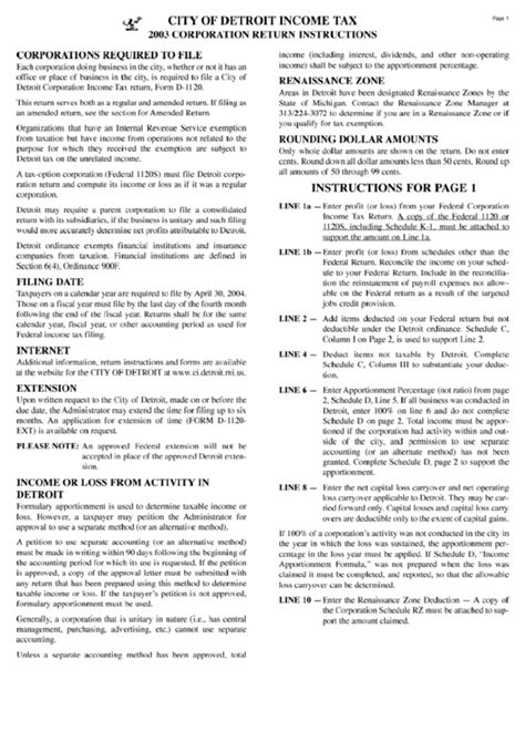 City Of Detroit Income Tax 2003 Corporation Return Instructions