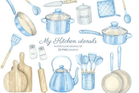 Watercolor Kitchen Utensils Clipart Pots And Pans PNG 1042398