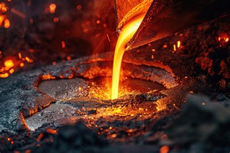 Light From High Temperature Iron Molten Metal Pouring In Green Sand Mold Foundry Process To