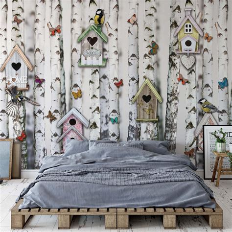 Fotobehang Vlies Behang Berkenbos Met Vogels Vogelhuisjes En