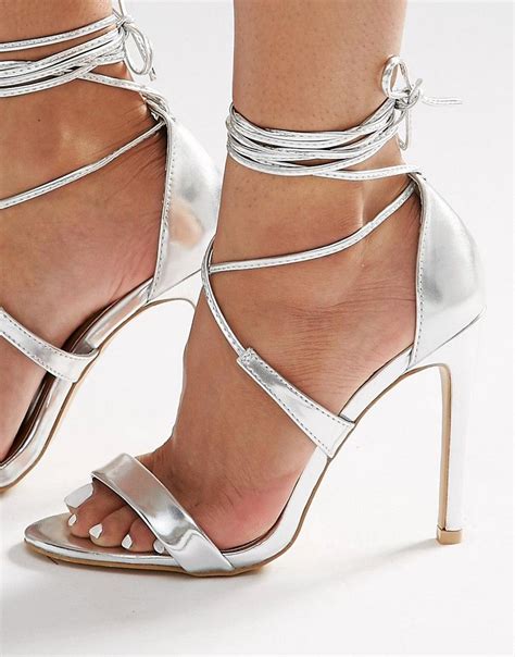 TRUE DECADENCE SILVER METALLIC ANKLE TIE HEELED SANDALS - SILVER. # ...