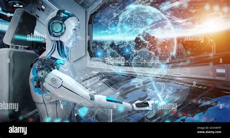 Robot Cyborg In A Control Room Flying A White Modern Spaceship With Window View On Space And
