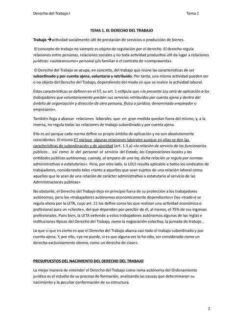 Tema 1 Apuntes 1 Tema 1 El Derecho Del Trabajo Trabajo Actividad