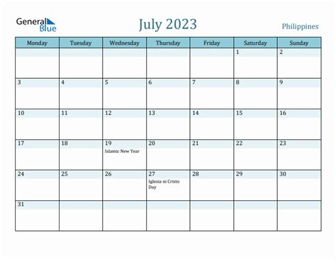 July 2023 Monthly Calendar With Philippines Holidays Monday Start
