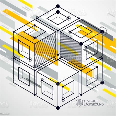 큐브 및 다른 요소와 노란색 추상적인 기하학적 벡터 배경 큐브 육각형 사각형 직사각형 및 추상적인 요소의 구성 디자인 프로젝트를 위한 완벽 한 배경입니다 0명에 대한 스톡