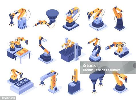 等軸測機械臂工業工廠機器製造自動化和生產線機器人臂3d向量組向量圖形及更多等軸測投影圖片 等軸測投影 機械人 工業 Istock