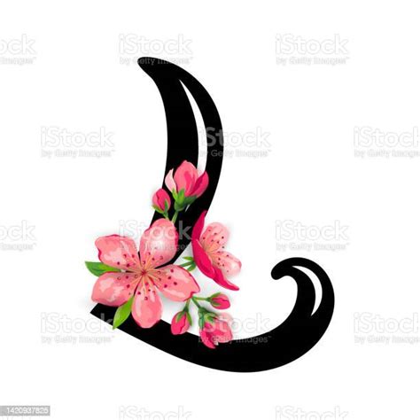 흰색 배경에 고립 된 봄 분홍색 꽃이있는 손으로 그린 편지 L 벡터 일러스트레이션 0명에 대한 스톡 벡터 아트 및 기타 이미지 0명 개화기 그래픽 프린트 Istock